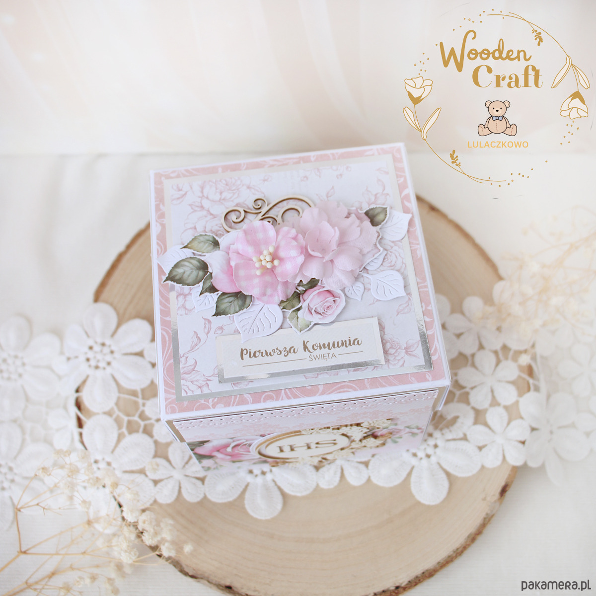 Exploding box komunijny, kartka na komunię "Pink Roses" GOTOWY - Pakamera.pl