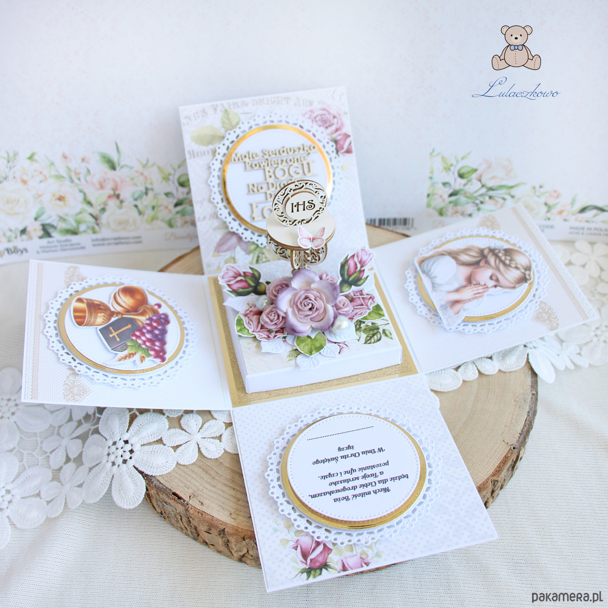 Exploding box komunijny, kartka na komunię "VioletRoses3" GOTOWY - Pakamera.pl