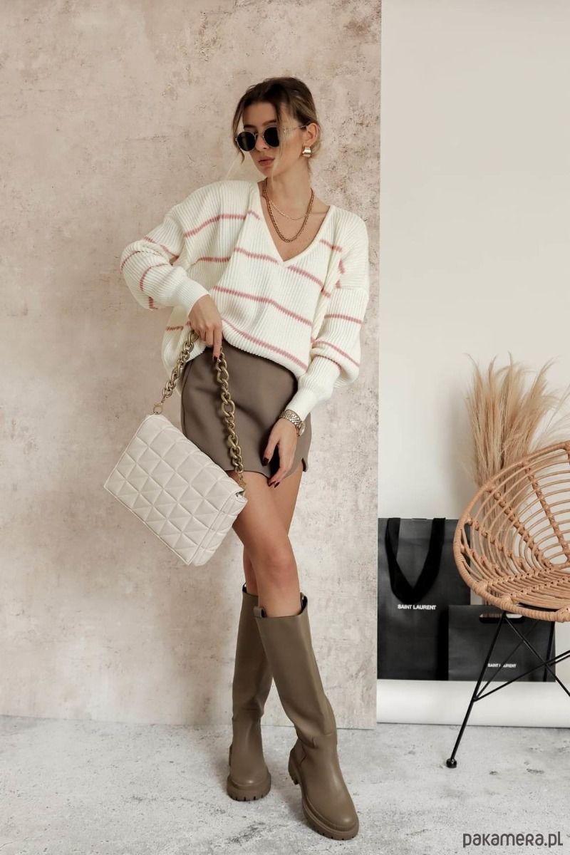 Sweter w paski z dekoltem w serek DAILY kremowy w paski pudrowy róż ...