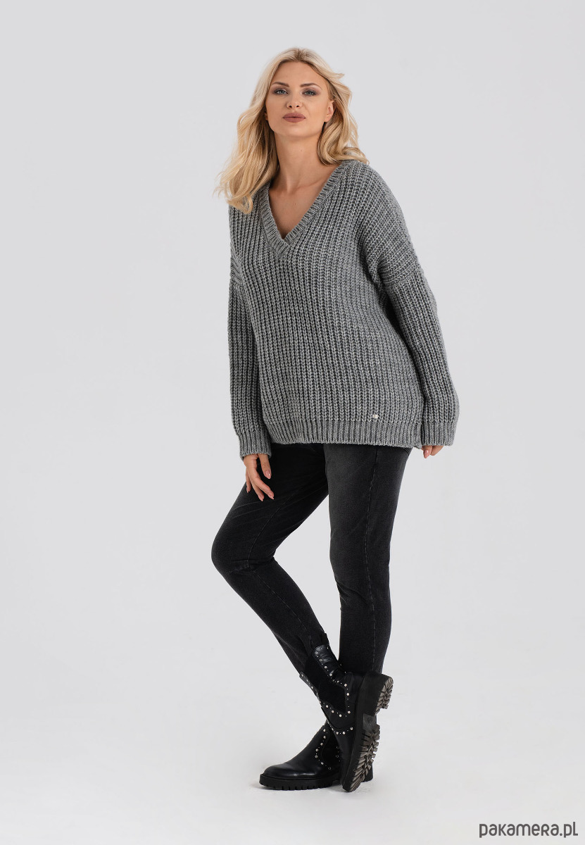 Szary sweter wełniany z dekoltem Mia Look 309 - Pakamera.pl