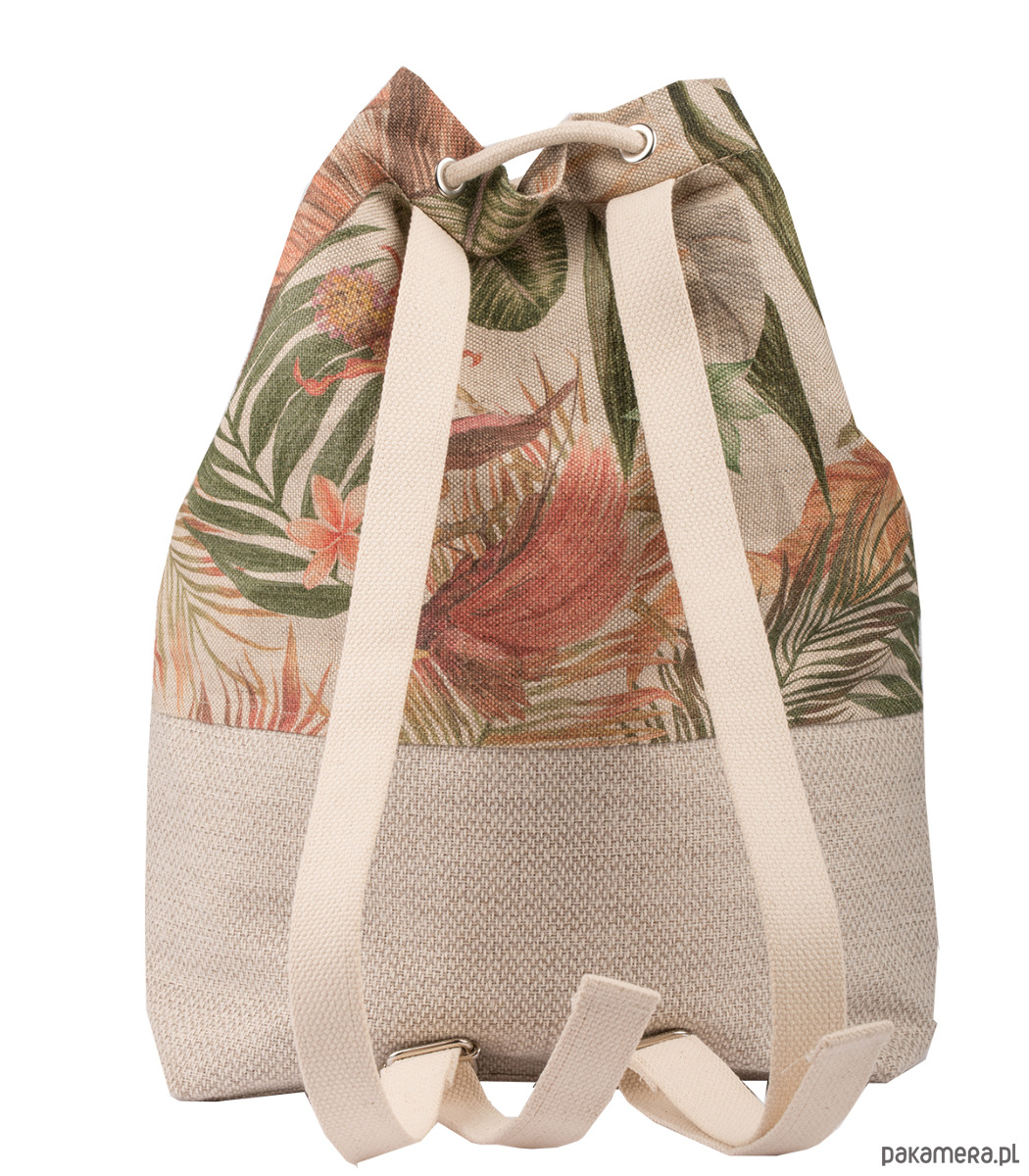 Damski plecak-worek, kremowy w palmy - Pakamera.pl