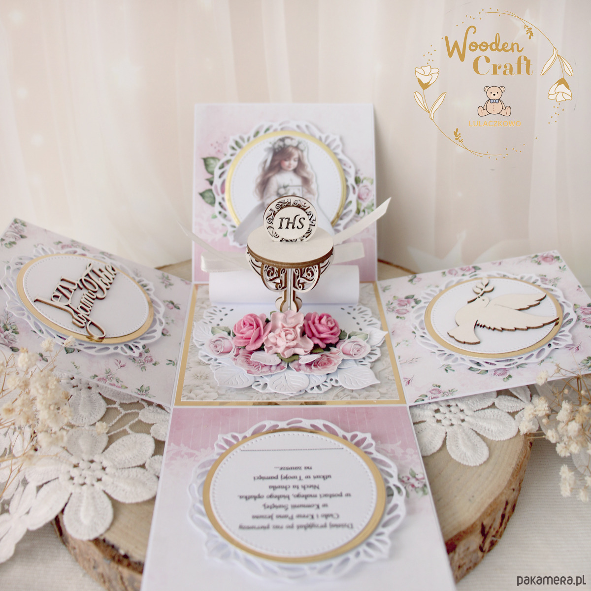Exploding box komunijny, kartka na komunię "Pink Roses 2" GOTOWY - Pakamera.pl