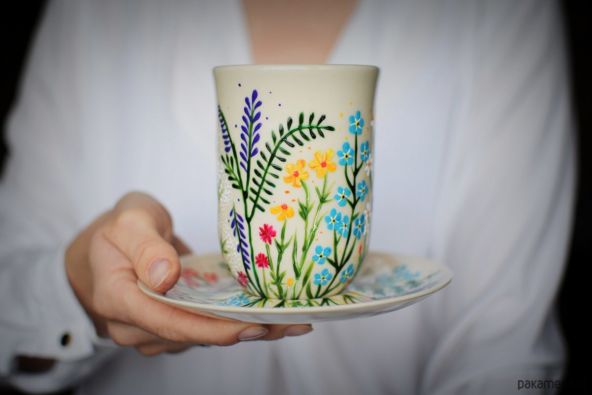 Kubek ręcznie malowany Łąka Zioła Kwiaty Polne 300ml 3703675 - Pakamera.pl