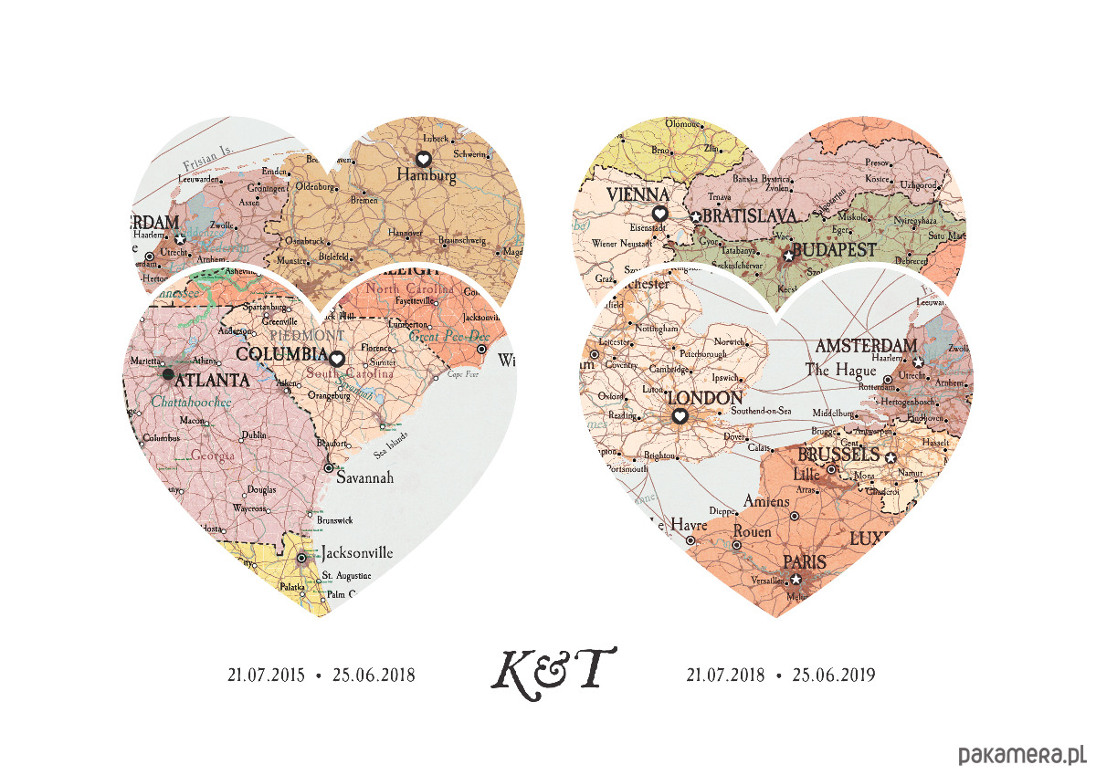 Plakat Personalizowana mapa serca 4 lokalizacje - Pakamera.pl